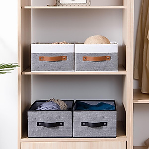 YheenLf Clothing Storage Bins, Closet Bin with Handles, Foldable Storage Baskets, Fabric Containers Storage Boxes for Organizing Shelves, Medium, 4 Pack, White and Grey