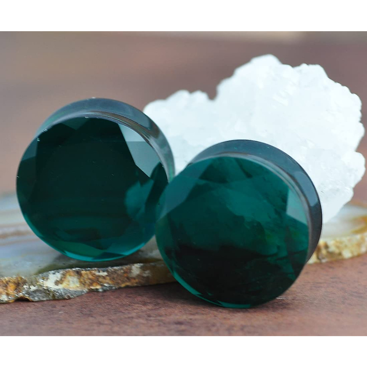 Pair of Seafoam Green Faceted Glass Double Flare Plugs (PG-569) (1/2" (12mm))