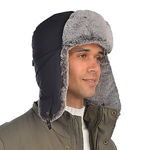 USHAKECAMP Trapper Hat for Men Winter Warm Hats with Ear Flaps Unisex Winter Hat with Faux Fur for Cold Weather Black
