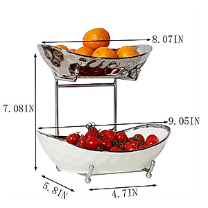 Acliys Fruit Bowl, Ceramic Fruit Basket, 2 Tier Serving Stand Serving Bowl with Metal Rack, Porcelain Kitchen Bowls for Vegetable Storage Snack Nuts Dessert Cake Tray for Party Wedding…