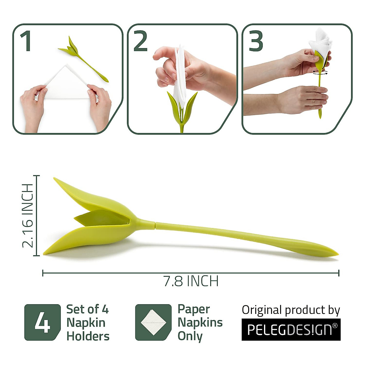 Peleg Design Bloom Napkin Holders for Tables, Set of 4 Green Stemmed Plastic Twist Flower Buds Serviette Holders Plus White Napkins for Making Original Table Arrangements