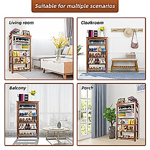 PETKABOO Shoe Rack 5 Tier Entryway Bamboo Shelf Organizer Storage with Large Table Surface for Entryway Living Room Closet Tall Bamboo Shoe Rack (24" L,Brown)
