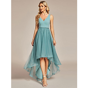 Ever-Pretty Women's Simple A-line Beads Tulle Deep V-Neck Homecoming Dress with Beaded Dusty Blue US8