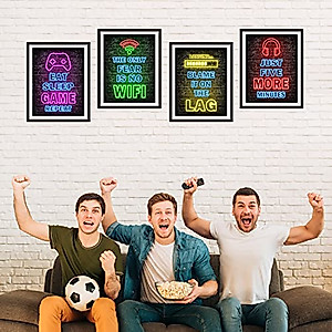 Printed Neon Gaming Posters Set of 4 (8”X 10”), Boys Room Decorations for Bedroom, gamer wall art,Gamer, Teen boy bedroom, game room, No Frames