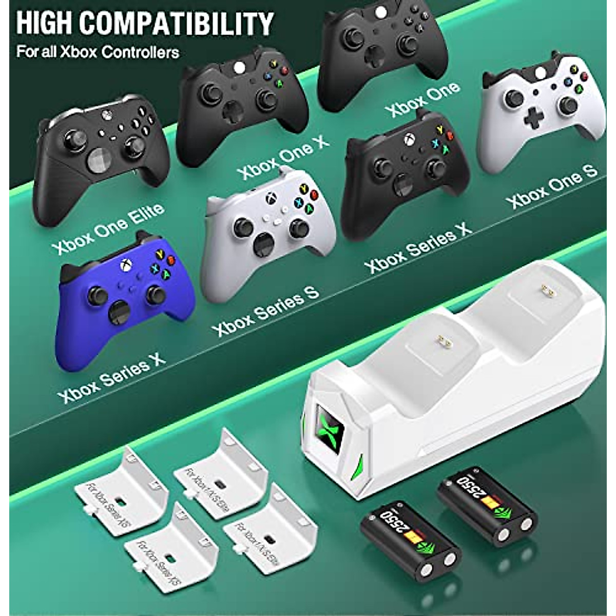 Controller Charger Station with 2x2550mAh Rechargeable Battery Packs for Xbox One/X/S/Elite/Xbox Series X|S, High Speed Charging Dock with 4 Batteries Cover for Xbox One Controller Battery Pack, White