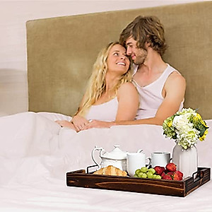 Bamboo Serving Tray- Decorative Wooden Tray 19.5 x 13.5 inches with Metal Handles, Including 4 Round Wooden Coasters, Lightweight Breakfast Tray, Coffee Table Tray, Living Room Tray, by D-homedeals