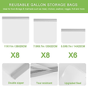 Rictine 22 Pack Reusable Gallon Freezer Bags - Dishwasher Safe, Leakproof, BPA Free Reusable Storage Bags for Lunch, Marinate Food, Travel - 8 Gallon, 8 Sandwich, 6 Snack Bags