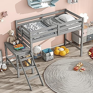 Prohon Loft Bed Twin Size with Platform & Ladder, Simple Loftbed with Large Underbed Storage Space and Full-Length Guardrails, Wooden Slat Support Loft Beds Frame, No Box Spring Needed, Grey