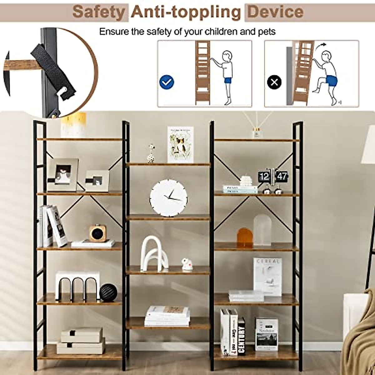 Giantex Triple 5-Tier Industrial Bookshelf- Freestanding Metal Frame Ladder Bookcase with 14 Open Shelves, Wooden Large Display Open Shelving for Living Room Home Office Study, Rustic Brown