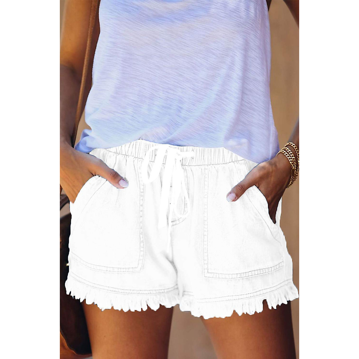 YOCUR Women's Denim Shorts Flowy Fashion Board Shorts Elastic Waist Tassel Distressed Shorts Drawstring Boxer Shorts Juniors Lounge Jean Shorts White M