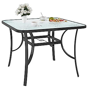 soges 41in Outdoor Patio Bistro Coffee Tea Table, Square Tempered Glass Steel Frame Dining Table with Umbrella Hole,All Weather Outside Desk for Garden Lawn Balcony Backyard, Black 30LHYW-OT03BK105