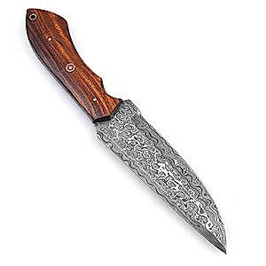 Handmade Damascus Steel Hunting Bowie Knife with Leather Sheath | 11'' Hand Forged Full Tang Fixed Blade Damascus Skinning Knives For Men and Women | EDC Razor Sharp Blade Bushcraft Camping Survival Knifes with Belt loop for Vertical and Horizontal Carry