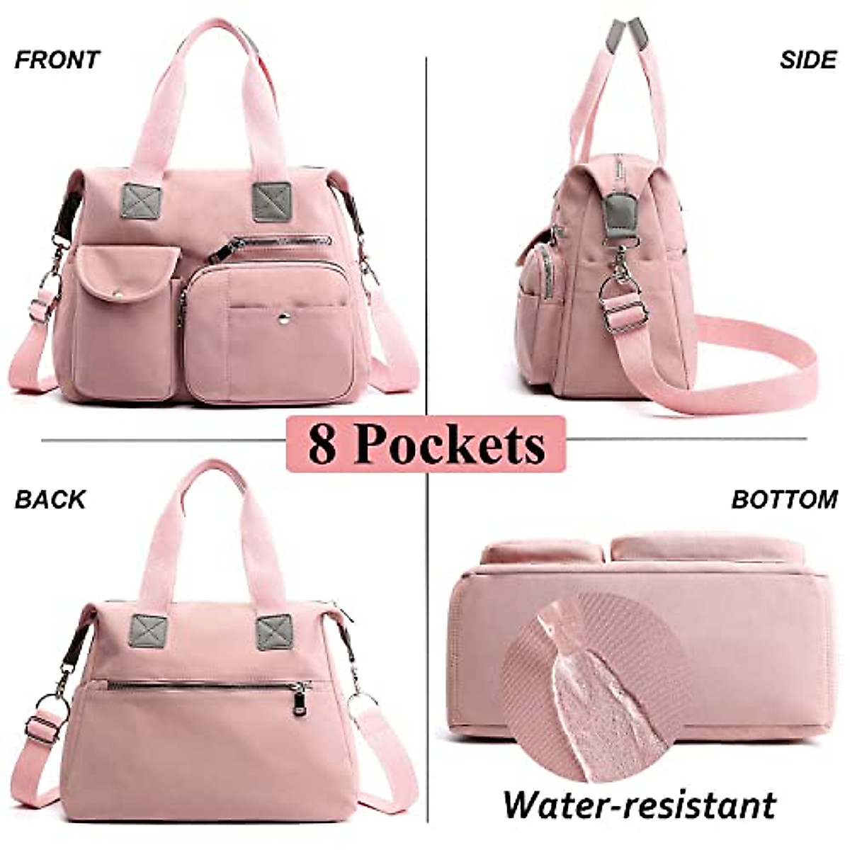 Women Utility Tote Bag Waterproof Nylon Multi Pocket Shoulder Bags Work Bag Teacher Purses and Handbags for Nurses (Baby Pink)