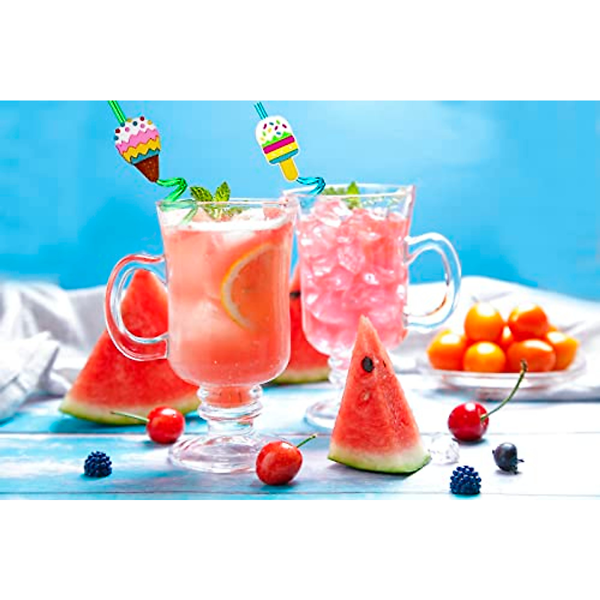 24 Reusable Crazy Shapes Ice Cream Straws, Drink Cocktail Straws for Birthday Party Supplies Party Favors with 2 Cleaning Brushes 8 Color Straws