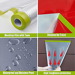 YUNXIHUI Painters Plastic with Tape, Tape and Drape, 3 Rolls Automotive Painters Tape and Plastic Film, Paint Plastic Covering Roll for Covering Skirting, Frames, Cars and Auto Body (55in X 65-Feet)