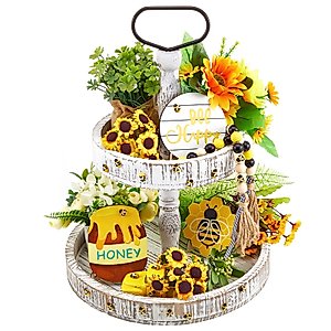Zhanmai 35 Pieces Bee Tiered Tray Decor, Spring Summer Farmhouse Tiered Tray Decorations Sunflower Honey Bee Tier Tray Farmhouse Mini Wood Decor Bee Sign Decor for House Table Decor Birthday Party