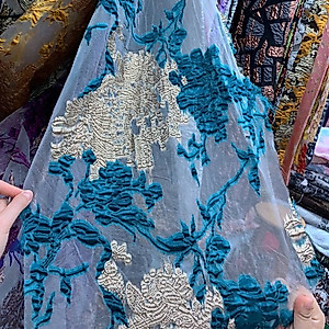 3 Yards African Lace Fabric French Beaded Sequins Lace,Net Tulle Fabric,Embroidered Fabric for Dress Guipure lace L03 (Green)