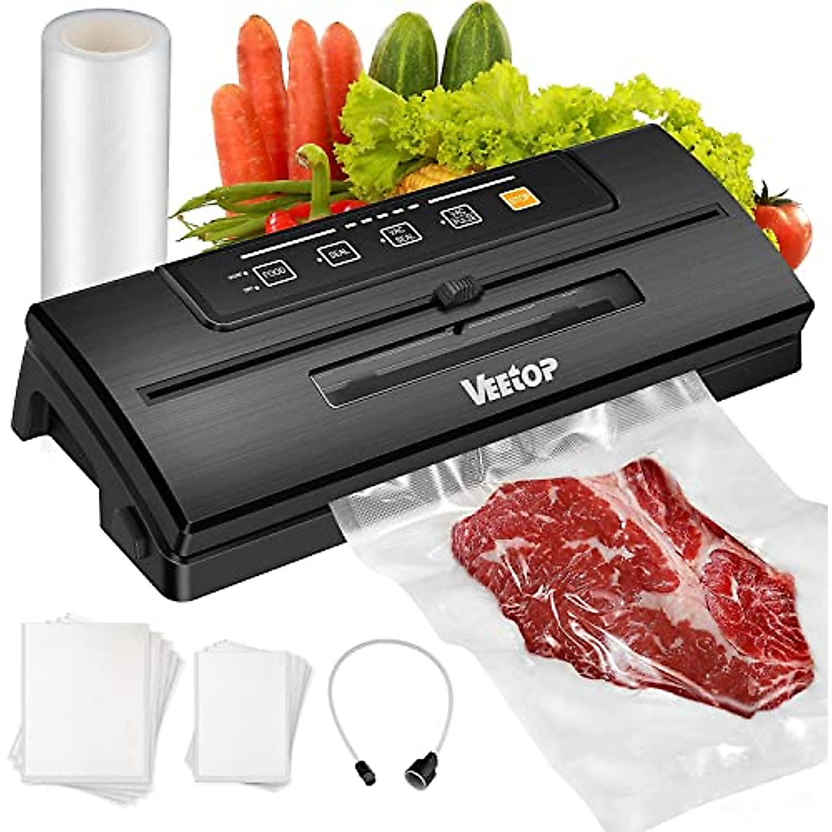 Vacuum Sealer Machine, Veetop Automatic Vacuum Food Sealer with Starter Kit, Dry Moist Pulse Mode Food Storage Machine with Build-in Cutter, Includes 1 Vacuum Roll (8*80”) & 10 Vacuum Seal Bags & 1 Air Suction Hose