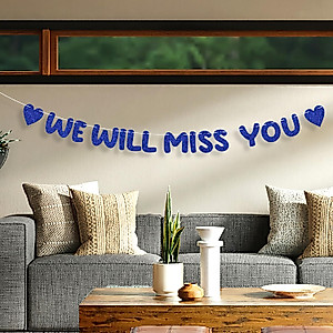Pre-threaded We Will Miss You Farewell Banner, Blue Glitter Banner Graduation Retirement Party Decorations Going Away Decor for Goodbye Army Party
