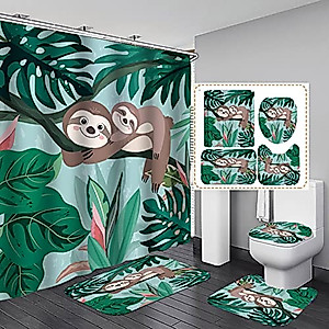 CERYUEE Bathroom Decor Sloth Shower Curtain Set with Rugs,Toilet Lid Cover, Bath Mat,Cute Animal Sloths Teal Green Waterproof Shower Curtains 72x72inch