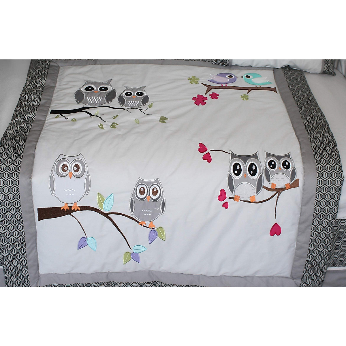 BabyFad Owl Grey White Nursery 9 Piece Baby Crib Bedding Set 100% Cotton