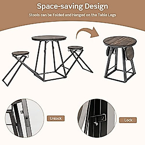 COSTWAY Bar Table and Stools Set of 3, Round Pub Bistro Table with 2 Foldable Stools, Heavy-Duty Steel Frame, Modern Table and Chairs Set for 2, Kitchen Dining Set for Apartment, Restaurant, Bar
