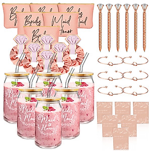 Irenare 36 Pcs Bridesmaid Proposal Gifts Bridal Shower Gifts 16 oz Glass Cup Cosmetic Makeup Bags Invited Cards Scrunchies Hair Knotted Bracelets Diamond Pens Favors for Wedding (Rose Gold)