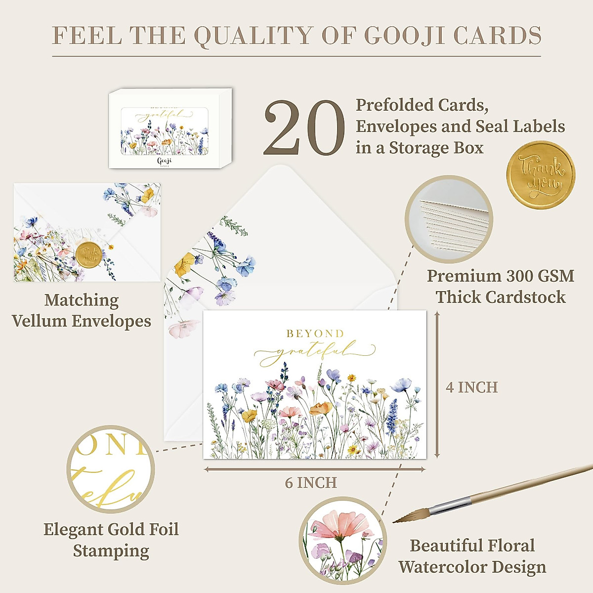 Gooji 4x6 Meadow Bloom Beyond Grateful Thank You Cards, Bridal Shower, Wedding, Baby Shower, Birthday, Small Business (Bulk 20 Pack) Vellum Envelopes
