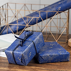 RUSPEPA Kraft Wrapping Paper Roll - Blue Flowers and Plants Pattern - 30 Inches x 100 Feet