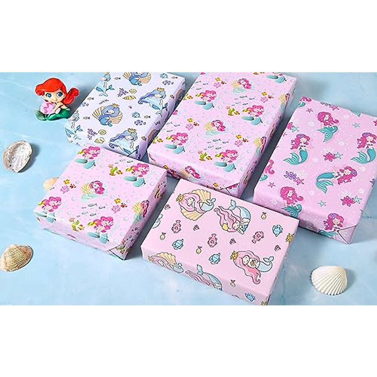 Sikiweiter Mermaid Wrapping Paper - Birthday Wrapping Paper for Girls, 12 Sheets Little Mermaid Wrapping Paper for Birthday Christmas Baby Shower, 19.7 x 27.6 Inches Per Sheet