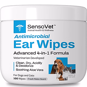 SensoVet 4-in-1 Ear Wipes for Dogs & Cats: Quick-Clean Formula with Aloe Vera – Deodorizes, Acidifies & Dries – Alcohol & Sting-Free – Promotes Healthy Ears