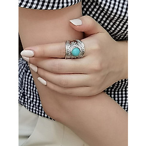 Dtja Vintage Boho Turquoise Wide Statement Ring for Women Girls Oxidized Silver Plated Big Open Band Wrap Adjustable Expandable Finger Rings Comfort Fit Fashion Bohemian Ethnic Exaggerated Jewelry