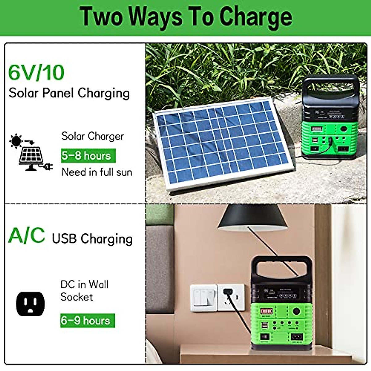 Solar Generator - Portable Power Station for Emergency Power Supply,Portable Generators for Camping,Home Use&Outdoor,Solar Powered Generator With Panel Including 3 Sets LED Light (green)