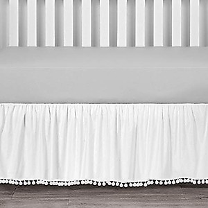 TILLYOU Ruffled Crib Skirt with Pompoms, Microfiber Nursery Crib Toddler Bedding Skirts for Baby Boys Girls, 14'' Drop, White