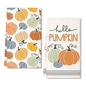 ARKENY Fall Kitchen Towels for Fall Decor, Hello Pumpkin Orange Autumn Dish Towels 18x26 Inch Set of 2,Farmhouse Home Thanksgiving Harvest Vintage Decorations AD362