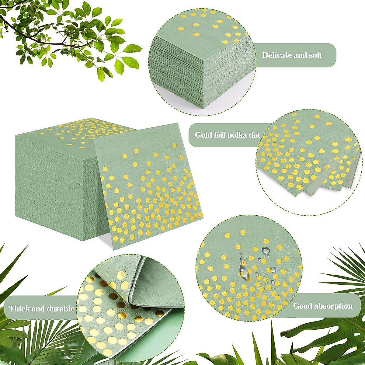 100 Pcs Sage Green Napkins Disposable - Sage Green Cocktail Napkins - 3-Ply Gold Dot Sage Paper Napkins for Birthday Anniversary Dinner Bridal Wedding Party Supplies