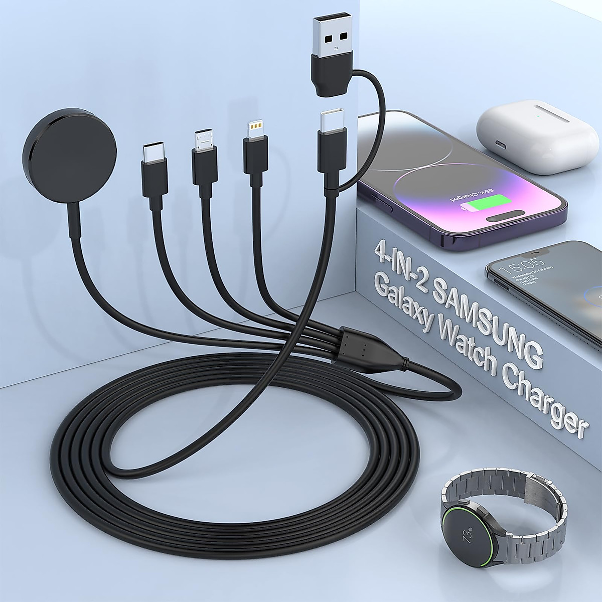 4 in 2 USB C Fast Watch Charger Cable for Samsung Galaxy Watch Charger, Portable Charging Dock for Samsung Galaxy Watch 5/5 Pro/4/4 Classic/3/Active 2/Active, Galaxy S23/S22/S20 Galaxy Buds iPhone 6FT