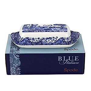 Spode Blue Italian Collection Butter Dish | Made of Porcelain | Butter Dish with Lid | Covered Butter Keeper for Kitchen | 8 Inches | Dishwasher Safe | Blue/White