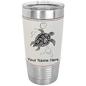 LaserGram 20oz Vacuum Insulated Tumbler Mug, Hawaiian Sea Turtle, Personalized Engraving Included (Faux Leather, Baseball Style)