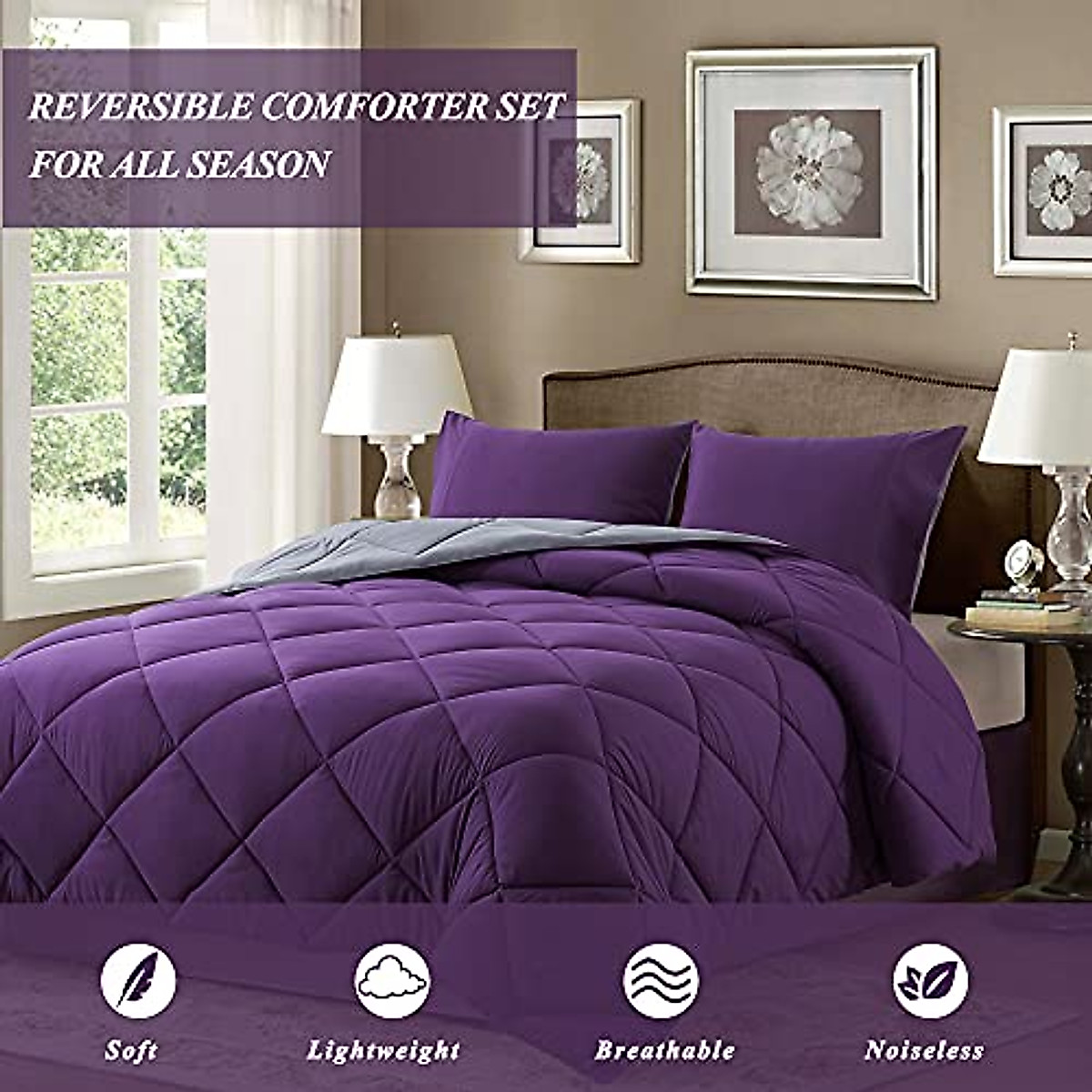 ELNIDO QUEEN 3 Pieces Comforter Set (Cal-King, Purple & Grey) - 1 Reversible Down Alternative Comforter with 2 Pillow Shams - Soft Lightweight Duvet Insert | 104x96 inch