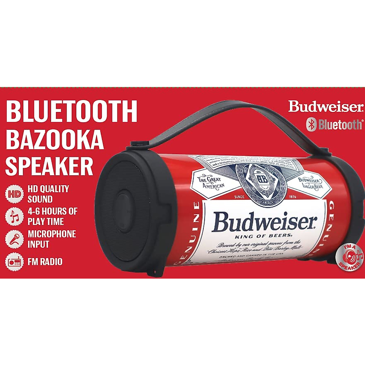 Budweiser Bluetooth Speaker Bazooka Speaker Portable Wireless Speaker with Rechargeable Battery Ideal for Indoor and Outdoor Activities Loud and Bass Audio Sound Easy to Carry Anywhere with FM- Radio