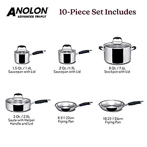 Anolon Advanced Triply Stainless Steel Cookware Pots and Pans Set, 10 Piece, Onyx
