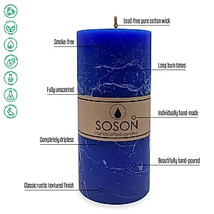 Simply Soson Blue Rustic Texture Pillar Candles 3x6 inch - Set of 3 - Unscented Decorative Blue Candles, No drip Candles, Ideal as Large Candles for Home Decor, Weddings, Holidays