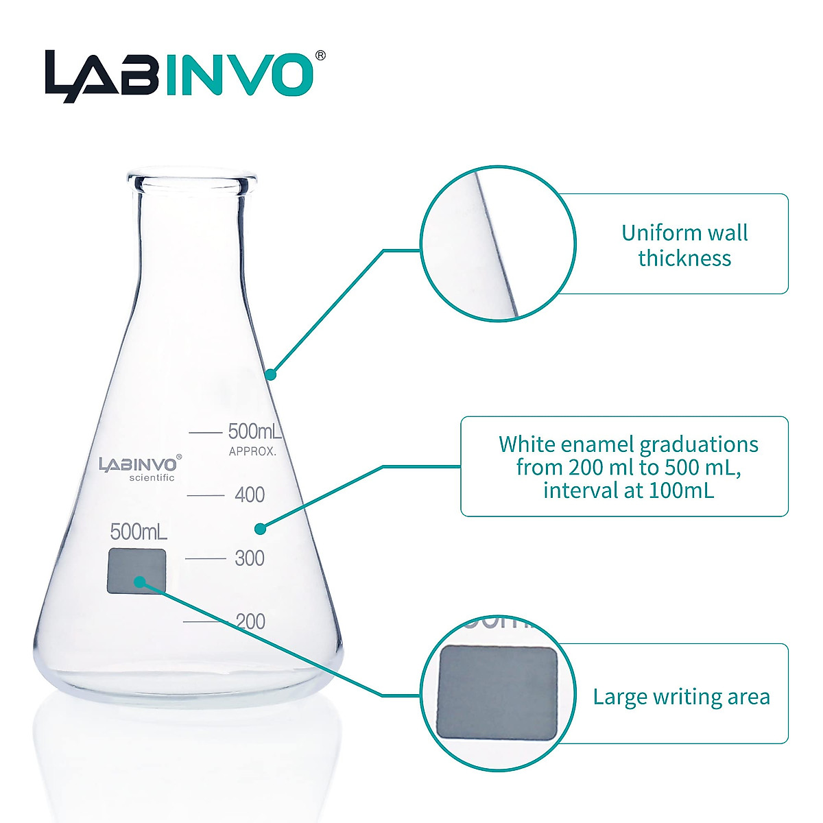 LABINVO 500ML Glass Erlenmeyer Flask, Narrow Mouth Graduated Conical Flask with Marking Spot, 6pcs of 3.3 Borosilicate Glass Flask Set, IN-EFN500
