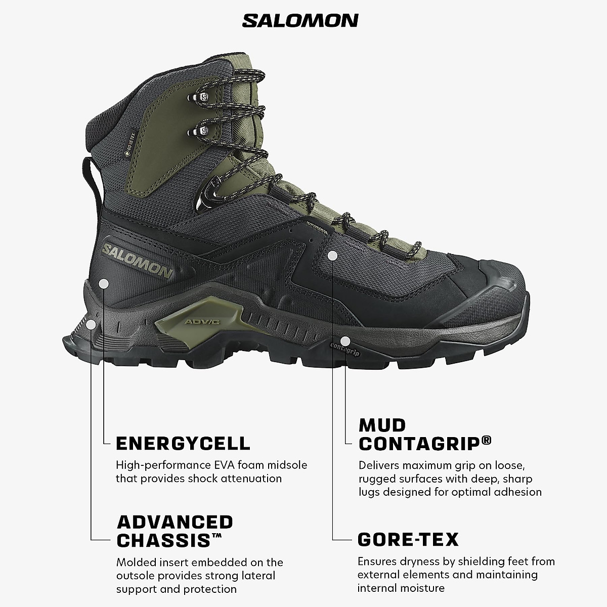 Salomon Men's QUEST ELEMENT GORE-TEX Leather Hiking Boots for Men, Black / Deep Lichen Green / Olive Night, 11.5