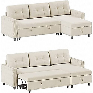 Mjkone Pull Out Sofa Bed, Sectional Sleeper Sofa with Storage, 3 Seat Couch with Chaise Lounge, Velvet Couch with Pull Out Bed, L Shaped Sectional Sofa Couches for Living Room Apartment, Beige