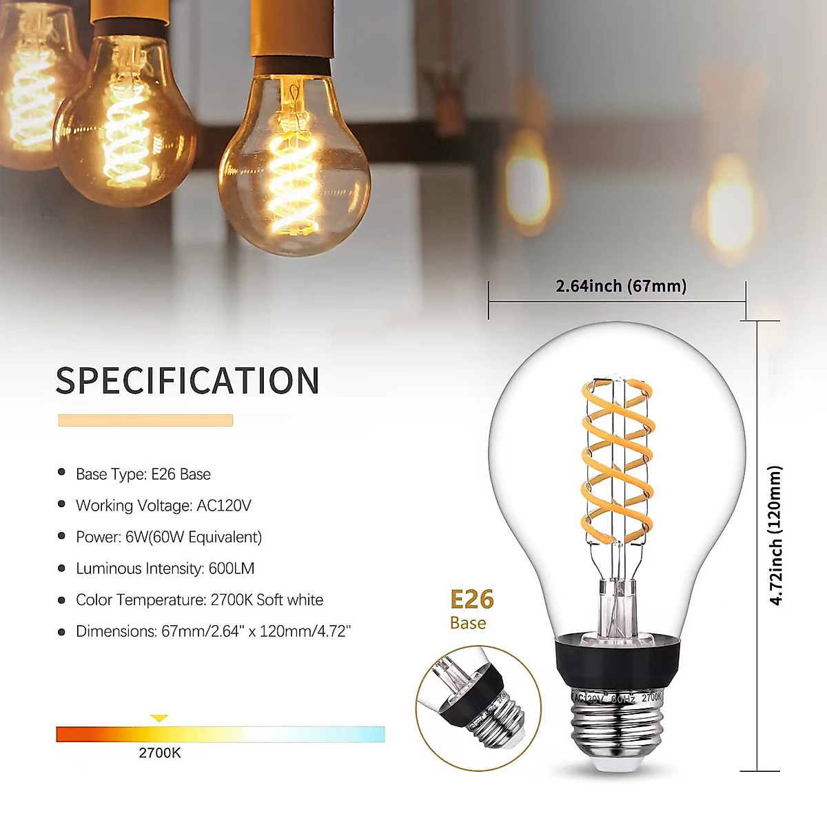 Austin Coast LED Fairy Light Bulb，G95 E26 Warm White Edison Screw Night Lights,Flash Starry Decorative Copper Wire String Lights for Bedroom Living Room Festival Christmas, Non-dimmable, 4 Pack