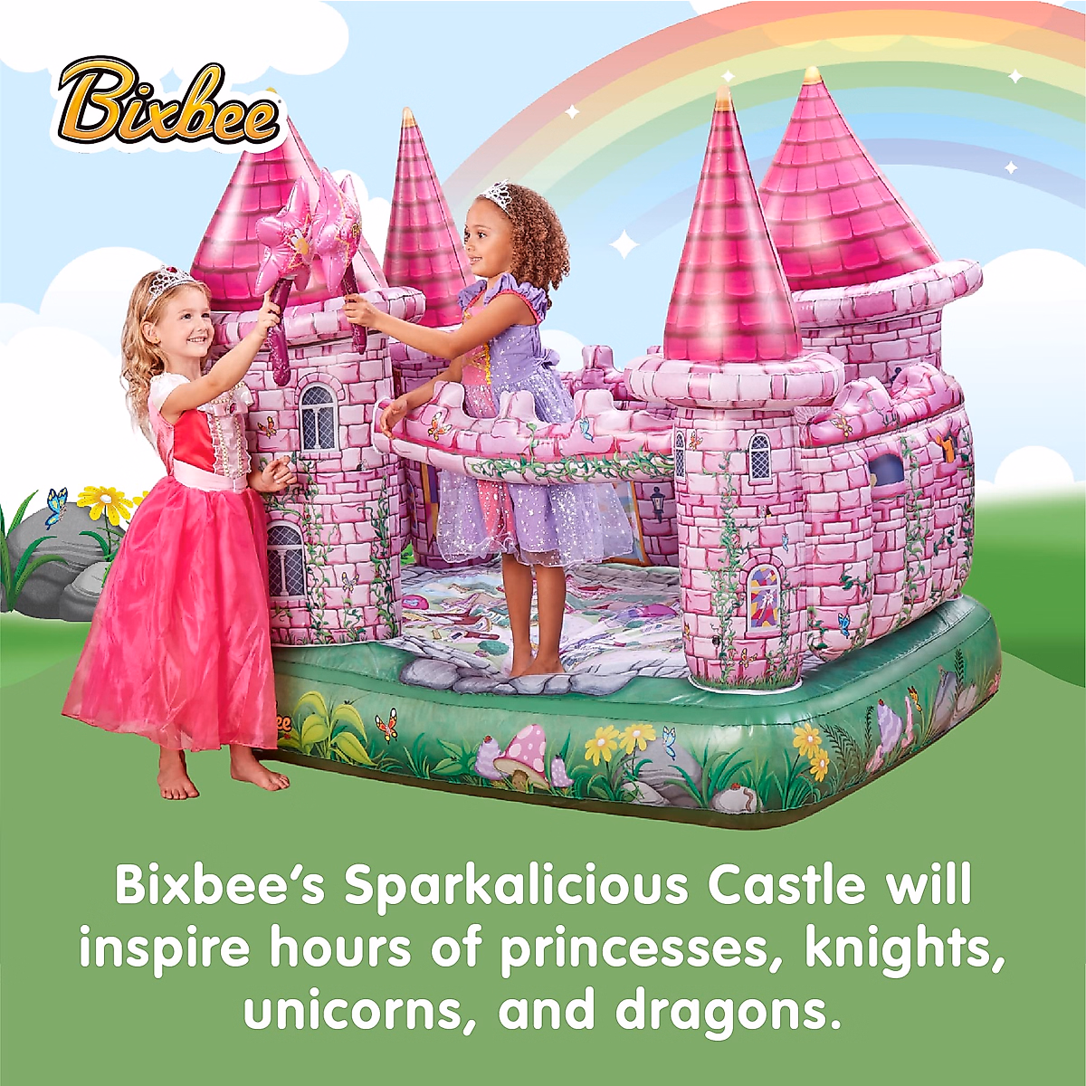Bixbee Inflatable Pink Princess Castle, Indoor Toddler Playhouse for Kids 3+, Sleepover Mattress Playhouse for Girls & Boys with Built in Motor, Inflates to Over 5ft Tall, Childrens Play House