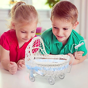 Gadpiparty Rattan Baby Boy Shower Candy Boxes Woven Flower Basket Baby Stroller Shape Wedding Favor Basket Christmas Birthday Treat Box Baptism Basket Boxes Blue