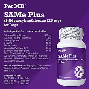 Pet MD Same Plus Liver Support for Dogs - Canine Hepatic Support & Brain Health Supplement - B Vitamins & Same for Dogs - Enteric Coated Tablets - 425mg - 30 ct